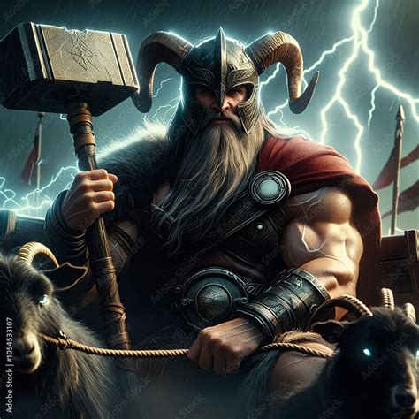 The Great Nordic God Thor With His Chariot Goats And His Hammer