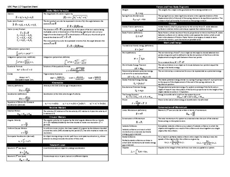 Phys 117 Useful Equation Sheet For Midterm Exam Version 1 Studocu