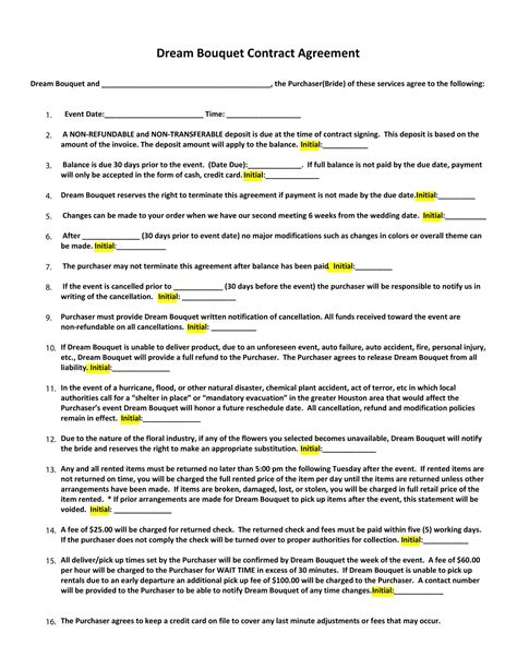 Free Printable Wedding Florist Contract Templates Word Pdf
