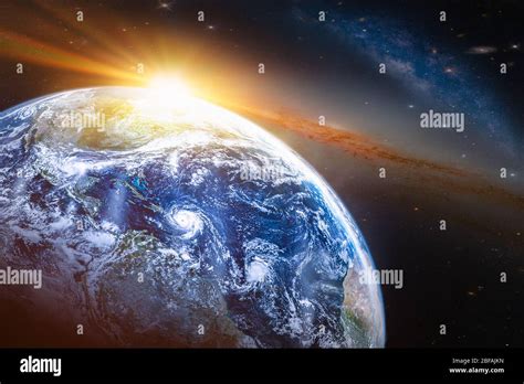 Landscape With Milky Way Galaxy Sunrise And Earth View From Space With