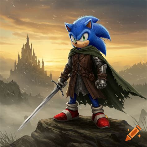 Sonic The Hedgehog As A Medieval Warrior Holding A Sword On A Rocky