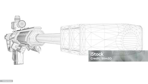 흰색 배경에 고립 된 검은 색 선에서 망원경 광경소총와이어 프레임 원근보기입니다 3d 벡터 일러스트레이션 와이어 프레임 모델에 대한 스톡 벡터 아트 및 기타 이미지 Istock