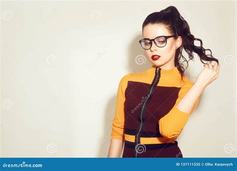 Beauty Fashion Brunette Model Girl Wearing Stylish Glasses Woman With