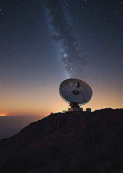 Landscape With Radio Telescopes On Ground And Satellites In Starry