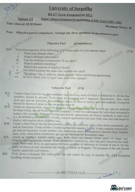Bsit Object Oriented Programming University Of Sargodha 2023 Past