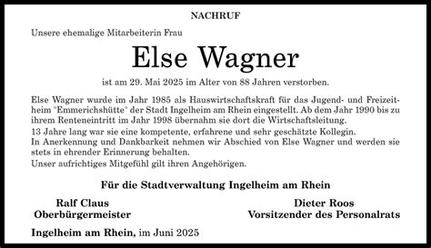 Traueranzeigen Von Else Wagner Rz Trauer De
