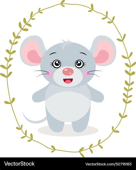 Cute Gray Mouse Inside An Oval Leaves Border Vector Image