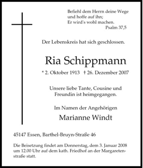 Traueranzeigen Von Ria Schippmann Trauer In Nrw De