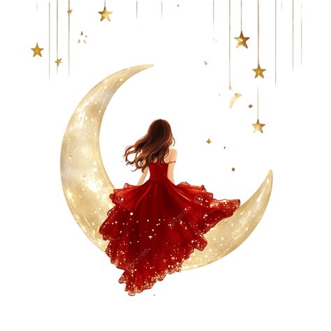 Lua Crescente Mística Com Menina E Estrelas Caindo No Céu Noturno Png