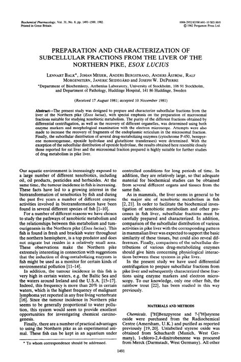 Pdf Preparation And Characterization Of Subcellular Fractions From The Liver Of The Northern