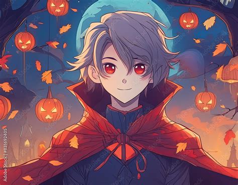 Vampire Boy Cartoon Illustration Cute Guy Has Red Eyes And A Red
