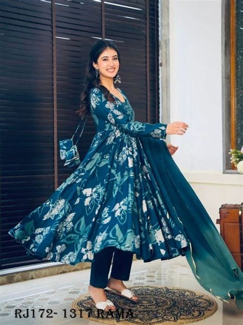 Festive Wear Rama Chinnon Flower Print 3 Pcs Ready Made Suit