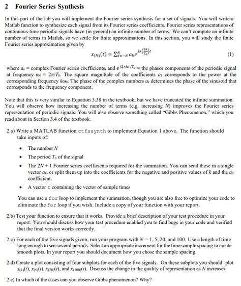 Solved 2 Fourier Series Synthesis In This Part Of The Lab