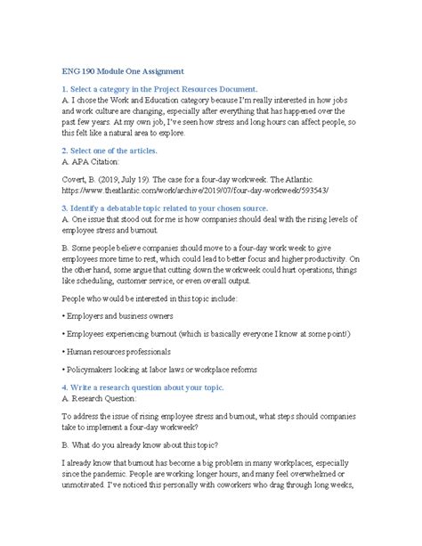 Eng 190 Module 1 Research Question On Workweek And Employee Burnout