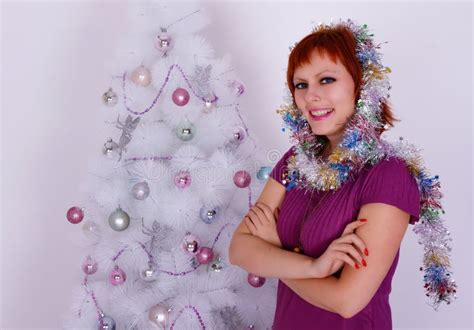 Legged Redhead Model In Minidress And Stockings In Studio Stock Photo Image Of Newyear Girl