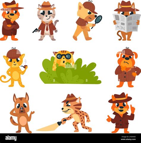 Cute Animal Detectives Characters Dogs Cats With Binoculars And