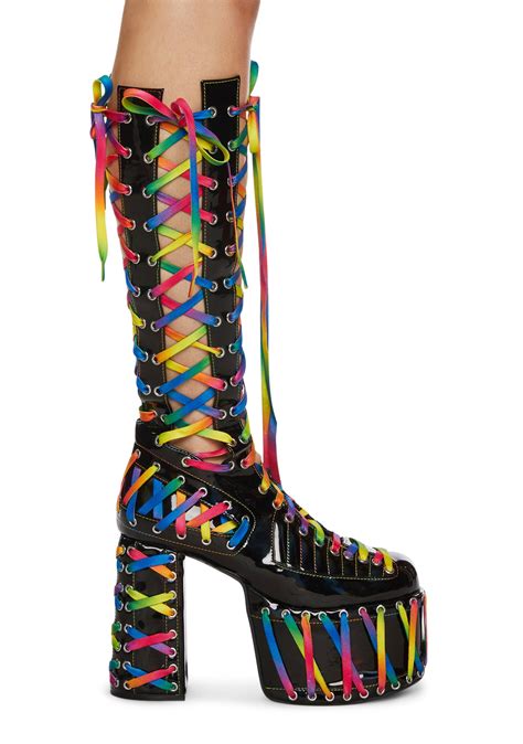 Club Exx Rainbow Lace Up Platform Boots Blackmulti Dolls Kill
