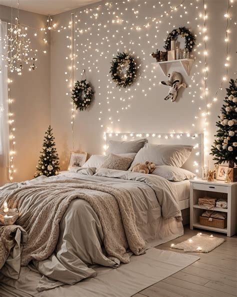 Bedroom With Christmas Lights And White Linens Design Ideas Ai