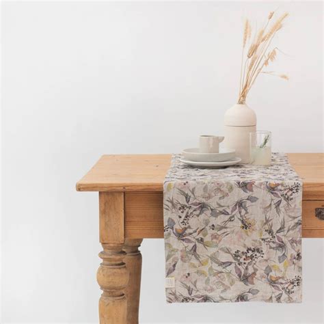 100 Linen Table Runner 40x200cm ~ Meadow On Natural Kim Wallace Ceramics