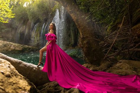 Ruffled Magenta Satin Long Train Prom Photoshoot Dress Lunss