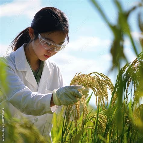 A Scientist In The Field Conducts Genetic Research On Rice Plants