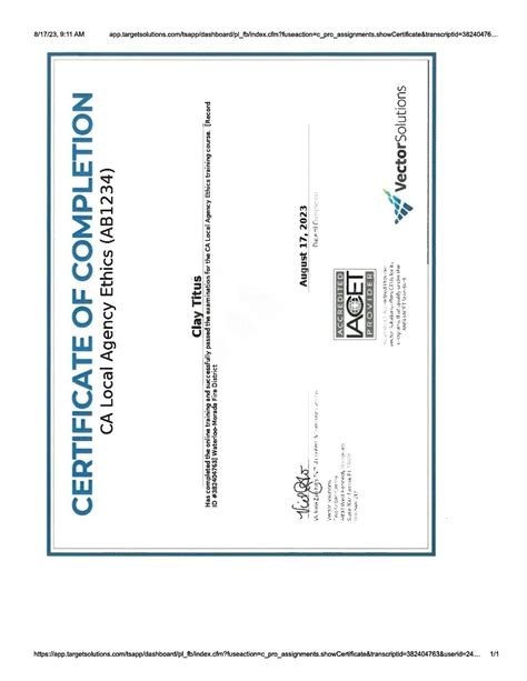 Ethics Certificate Waterloo Morada Fire Protection