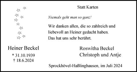 Traueranzeigen Von Heiner Beckel Trauer In Nrwde