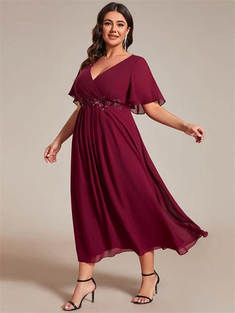 Plus Size V Neck Chiffon Wedding Guest Dress Adorned With Waist