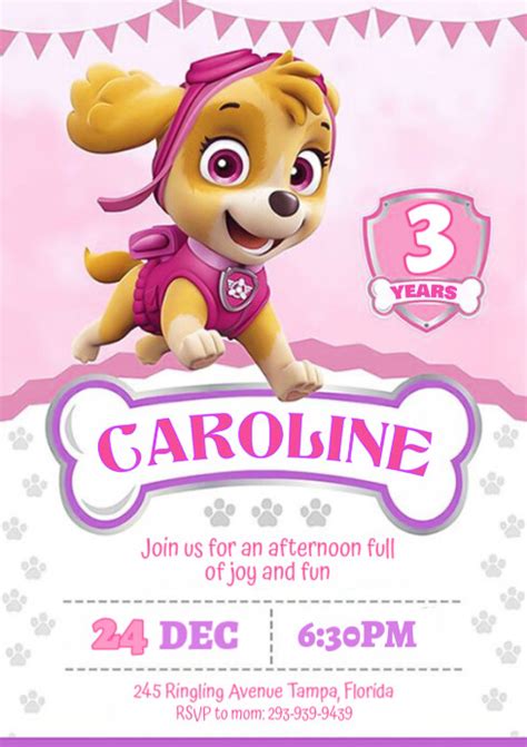 Paw Patrol Girl Invitation Girl Birthday Invitepink Skye Paw