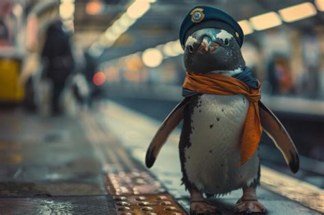 Penguin Sailor On Busy Train Station Premium Ai Generated Image