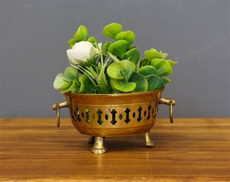 Vintage Brass Indian Planter Flower Pot With Handles Ritual Cauldron With Legs Indooroutdoor
