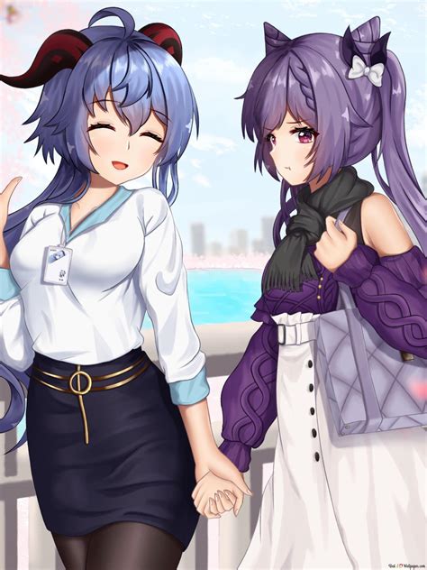 Ganyu Keqing Together Walking Under Cherry Tree Genshin Impact 2K Wallpaper Download