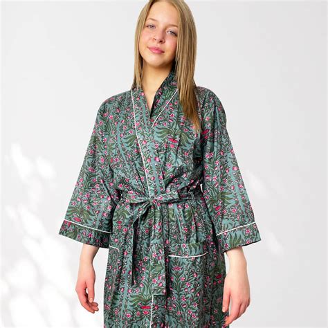 Grey And Pink Flower Print Cotton Dressing Gown Kimono By Hayley And Co