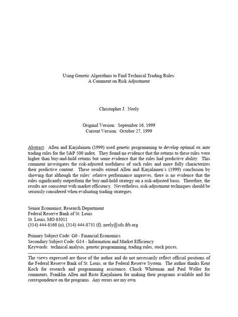 Using Genetic Algorithms To Find Technical Trading Rules Pdf Sharpe