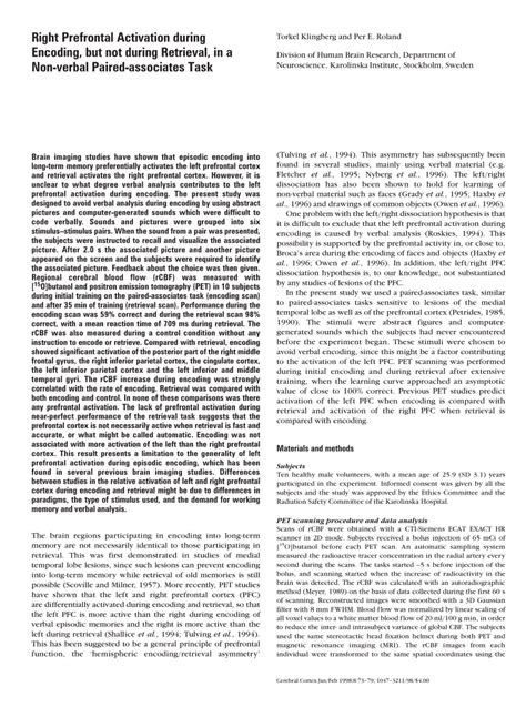 Pdf Right Prefrontal Activation During Encoding But Not During Retrieval In A Non Verbal