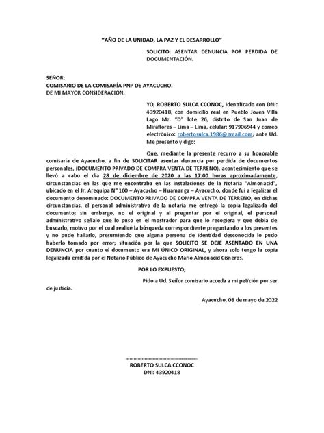 Denuncia Por Perdida De Documentos Pdf