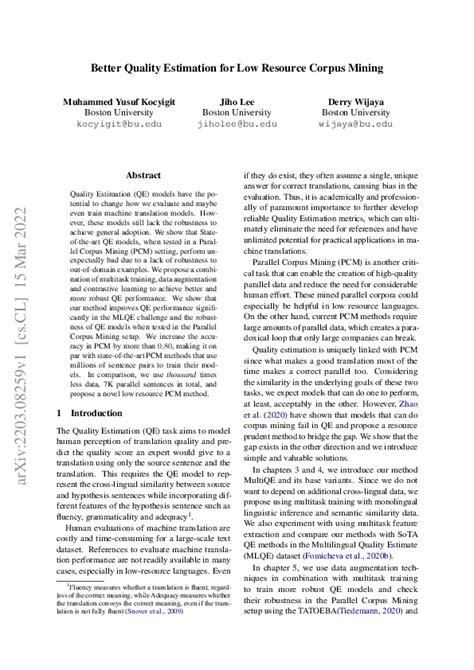 pdf better quality estimation for low resource corpus mining derry