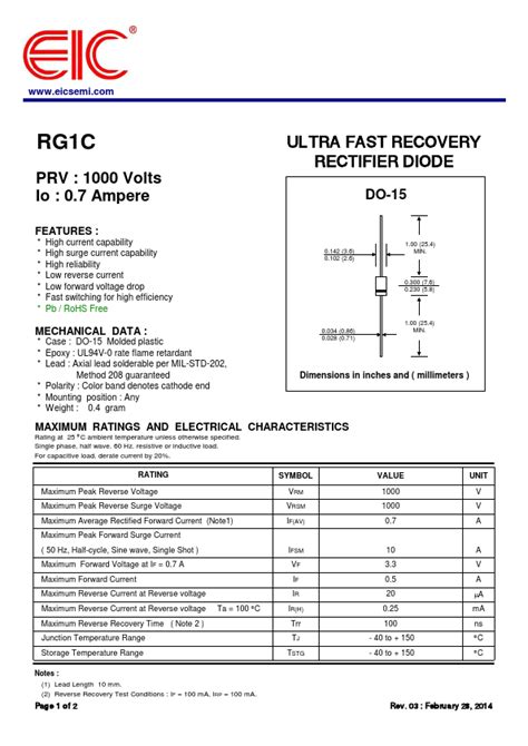 Rg1c Datasheet Ultra Fast Recovery Rectifier Diode Distributor And Price Eic