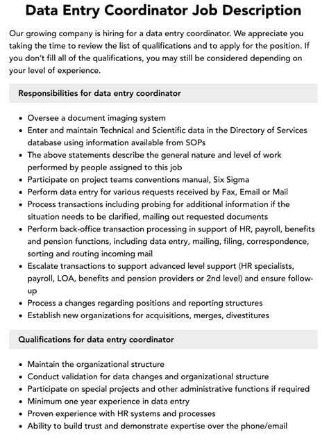 Data Entry Coordinator Job Description Velvet Jobs