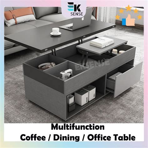 Space Saving Lifting Coffee Table Multifunction Foldable Dining Office Table With 4 Stools Meja