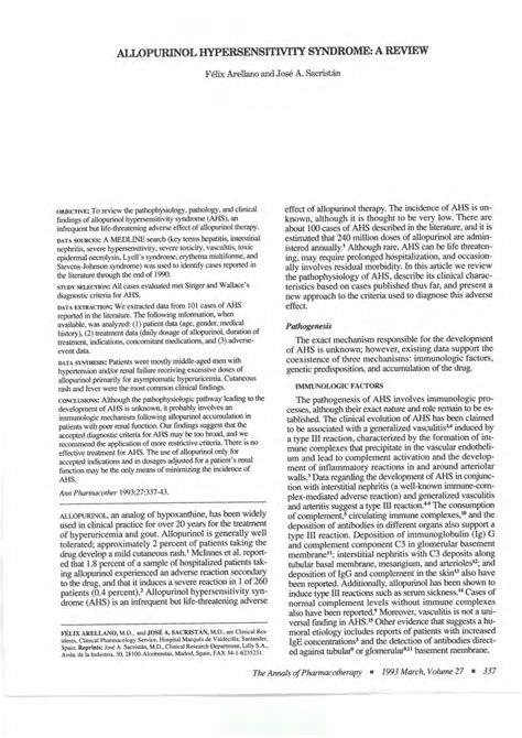 Pdf Allopurinol Hypersensitivity Syndrome A Review