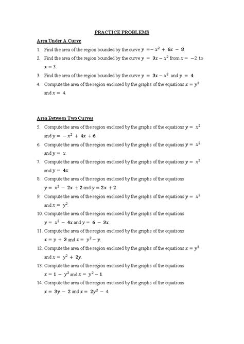 Practice Problems Practice Problems Area Under A Curve Find The Area