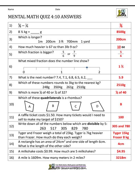Mental Math 4th Grade