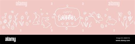 Cute Hand Drawn Easter Horizontal Seamless Pattern With Bunnies
