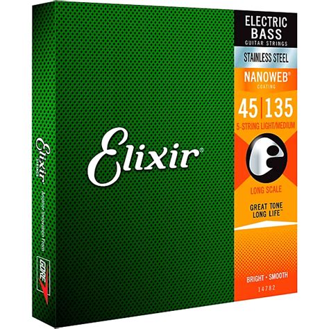 Elixir Stainless Steel 5 String Bass Strings With Nanoweb Coating Long