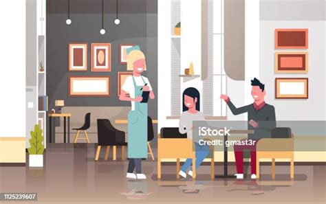 카페 테이블 서비스 개념 현대적인 레스토랑 인테리어 수평 평면 전체 길이 앉아 연인 커플 방문자에서 균일 복용 순서로 젊은