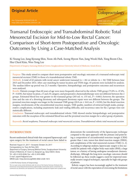Pdf Transanal Endoscopic And Transabdominal Robotic Total Mesorectal Excision For Mid To Low