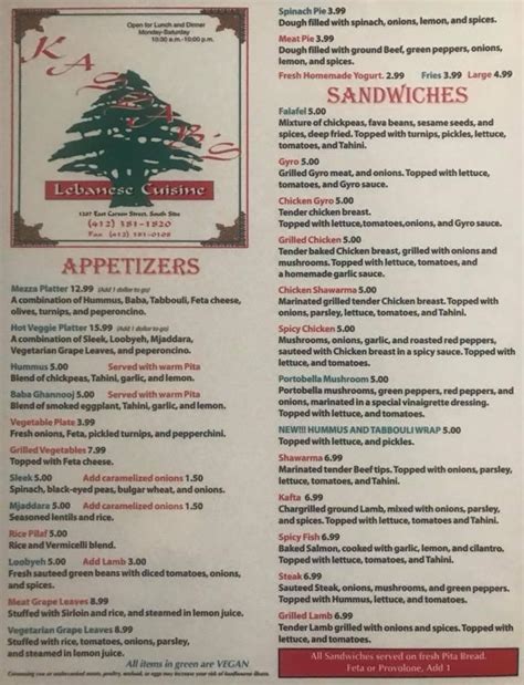 Menu At Kassabs Lebanese Cuisine Restaurant Pittsburgh