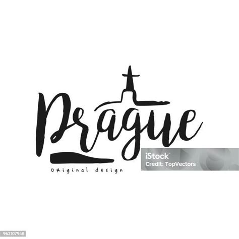 프라하 유럽 도시 이름 원래 디자인 검정 잉크 손 서 면된 비문 포스터 카드 상징 포스터 배너 타이 포 그래피 디자인 태그 벡터 일러스트 레이 션 개념에 대한 스톡 벡터