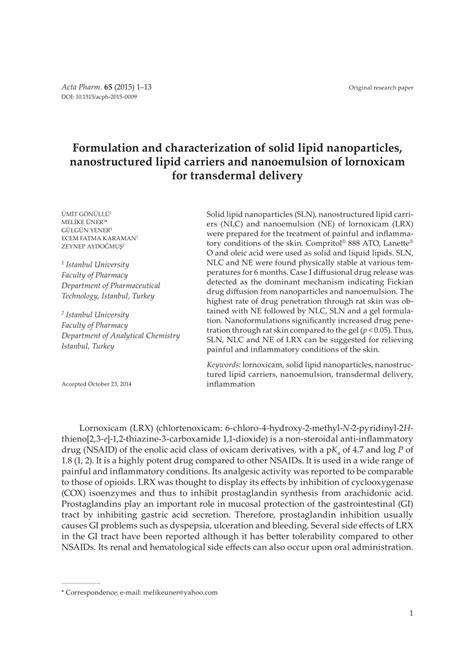 Pdf Formulation And Characterization Of Solid Lipid Nanoparticles Nanostructured Lipid
